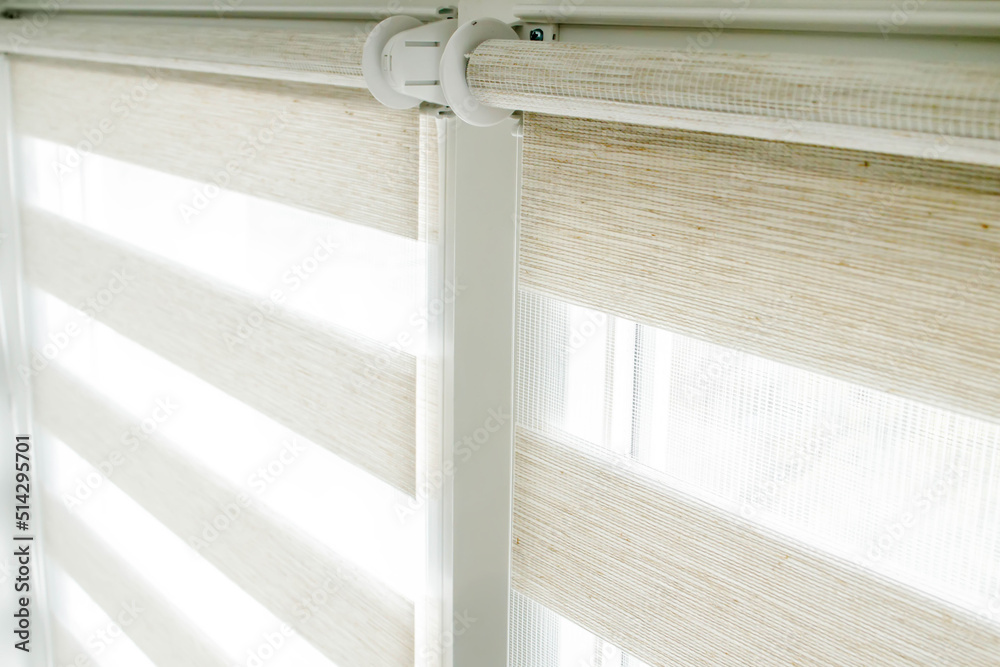 Window roller duo system day and night. Close up on roll curtains ...