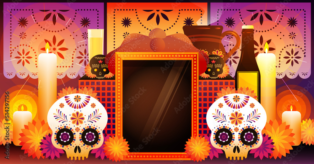 Poster Ilustración de ofrenda para día de muertos un retrato y comida ...