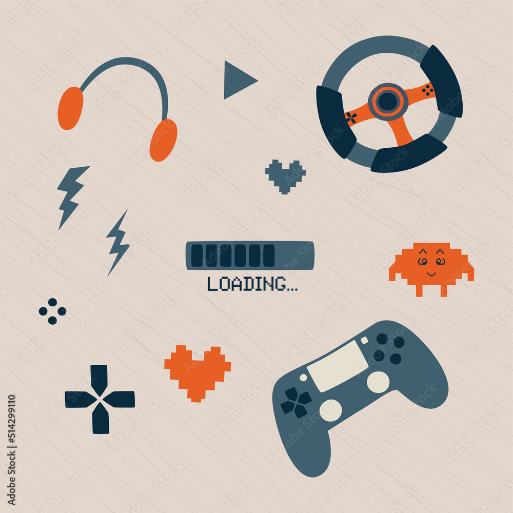 Video gaming elements set. Game console, joystick, controller, playing ...