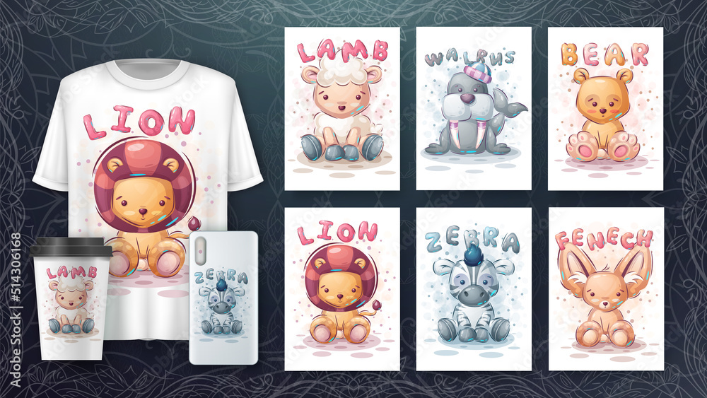 Cartoon character adorable set animals, pretty zoo idea for print t ...