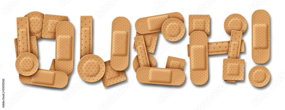 Ouch lettering Bandage and adhesive first aid bandages group concept as ...