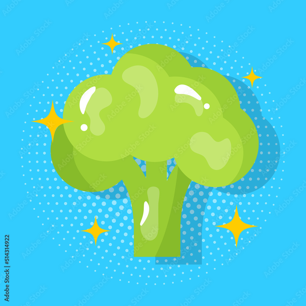 Sticker broccoli in pop art style, juicy colours. Icon on pop art retro ...
