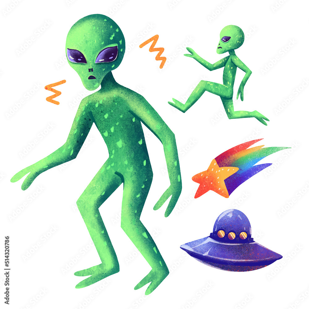 drawing digital set of pictures alien ufo green man star falling ...