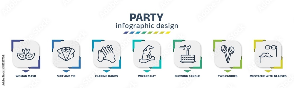 party infographic design template with woman mask, suit and tie ...