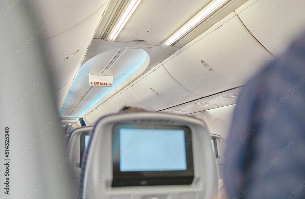Crop image of airplane screen device for entertainment to serve ...