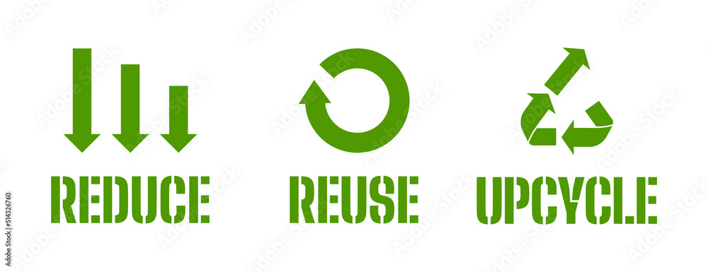 Vetor de Reduce Reuse Upcycle arrow icons and texts. do Stock | Adobe Stock