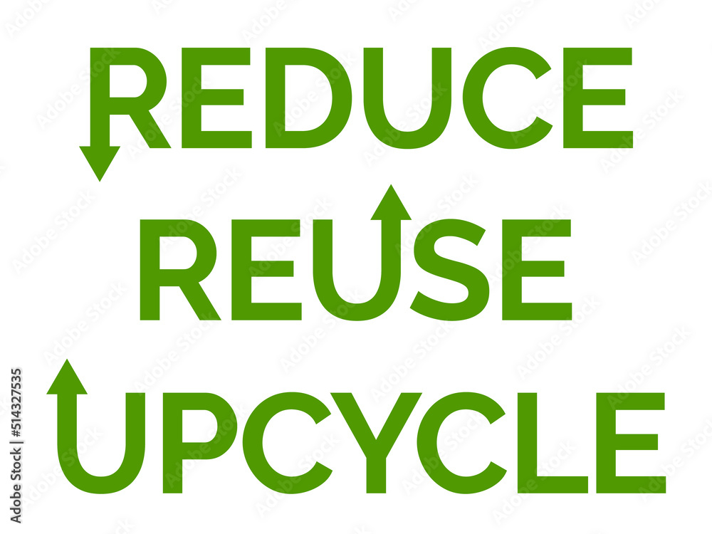 Reduce Reuse Upcycle words typographic design. Green text. Up and down ...