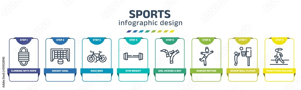 sports infographic design template with climbing with rope, hockey goal ...