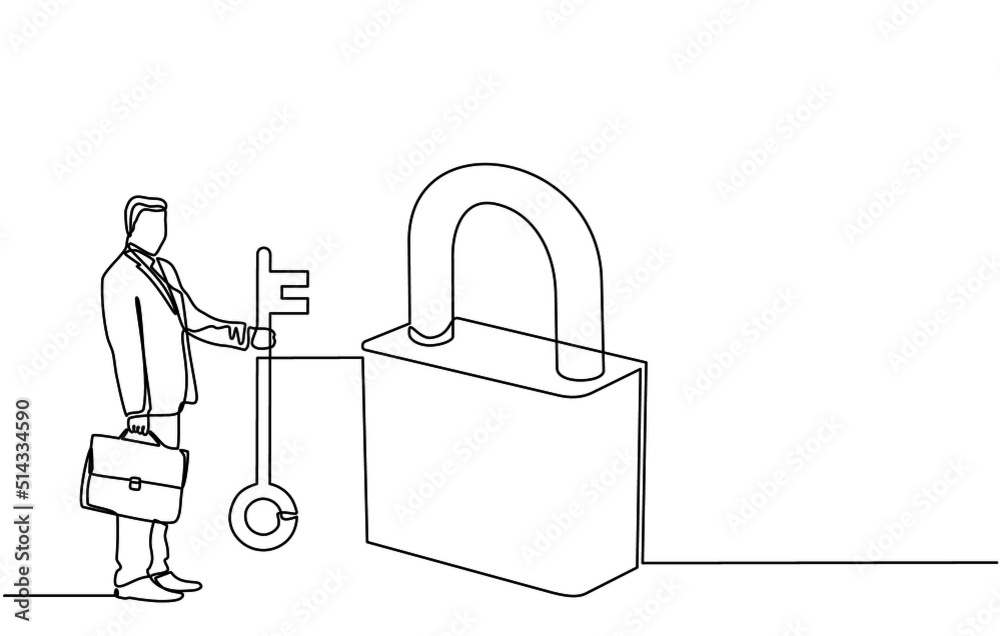 Continuous one line drawing of a businessman carrying a key with a ...