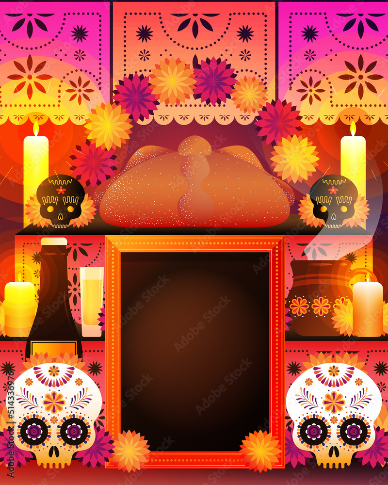 Ilustración vertical de ofrenda para día de muertos con retrato y ...