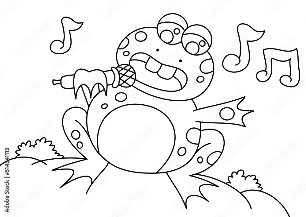 singing frog cute coloring page or book for kids Stock Vector | Adobe Stock