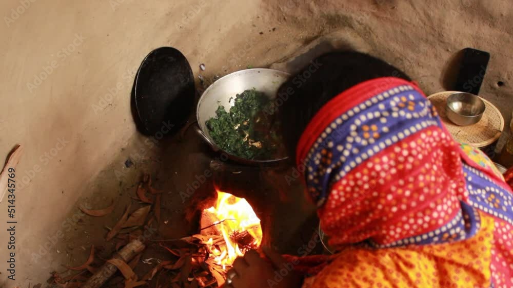 Traditional dressed Indian village woman cooking, Using traditional ...