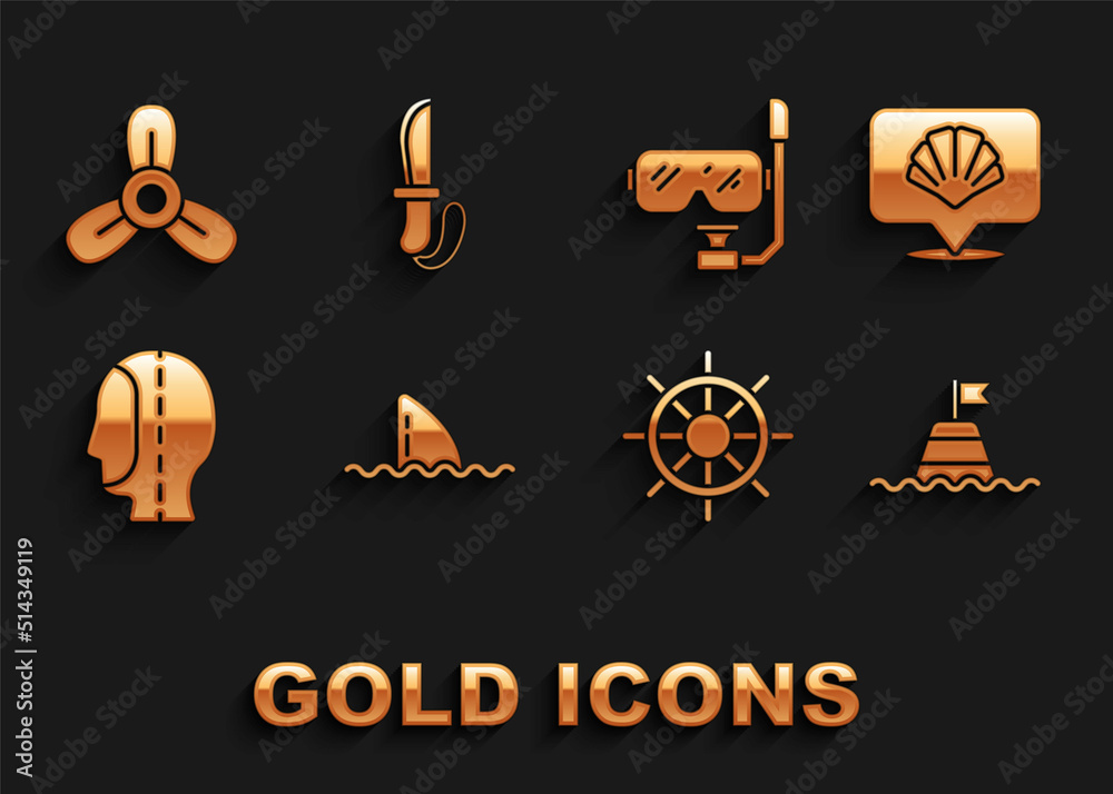 Set Shark fin in ocean wave, Scallop sea shell, Floating buoy on the ...