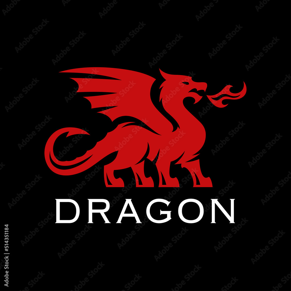 Red dragon icon. Simple winged serpent logo. Fantasy creature symbol ...