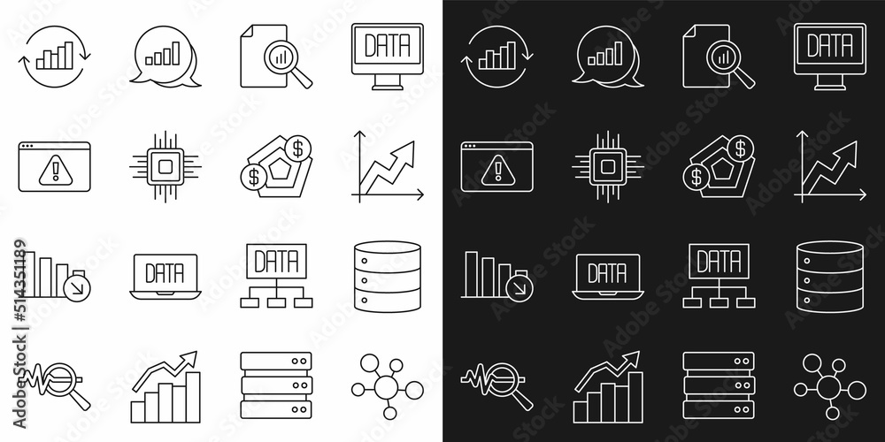 Set line Mind map infographic, Server, Financial growth, Document with chart, Processor CPU ...