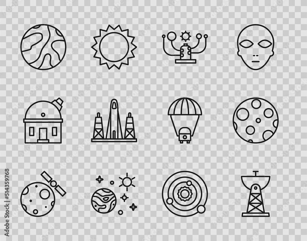 Set line Satellites orbiting the planet Earth, dish, Solar system ...