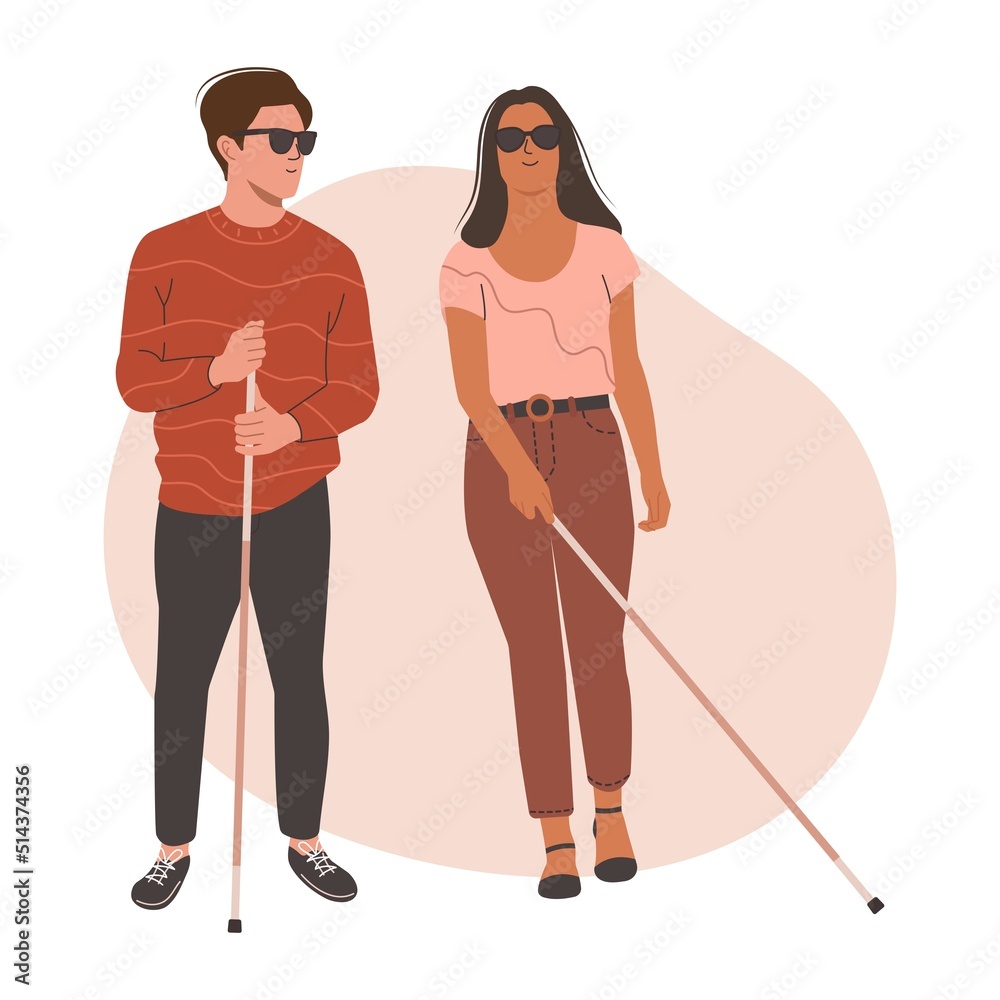 Young Blind people in dark glasses standing with a Cane. People with ...