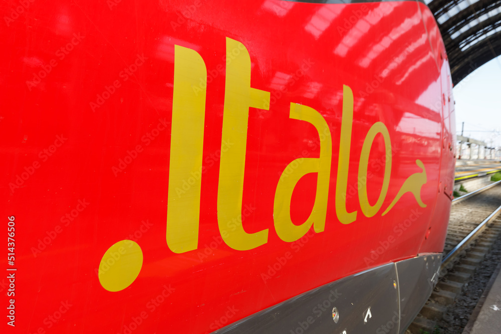 Italo logo on a high-speed train of Nuovo Trasporto Viaggiatori NTV in ...