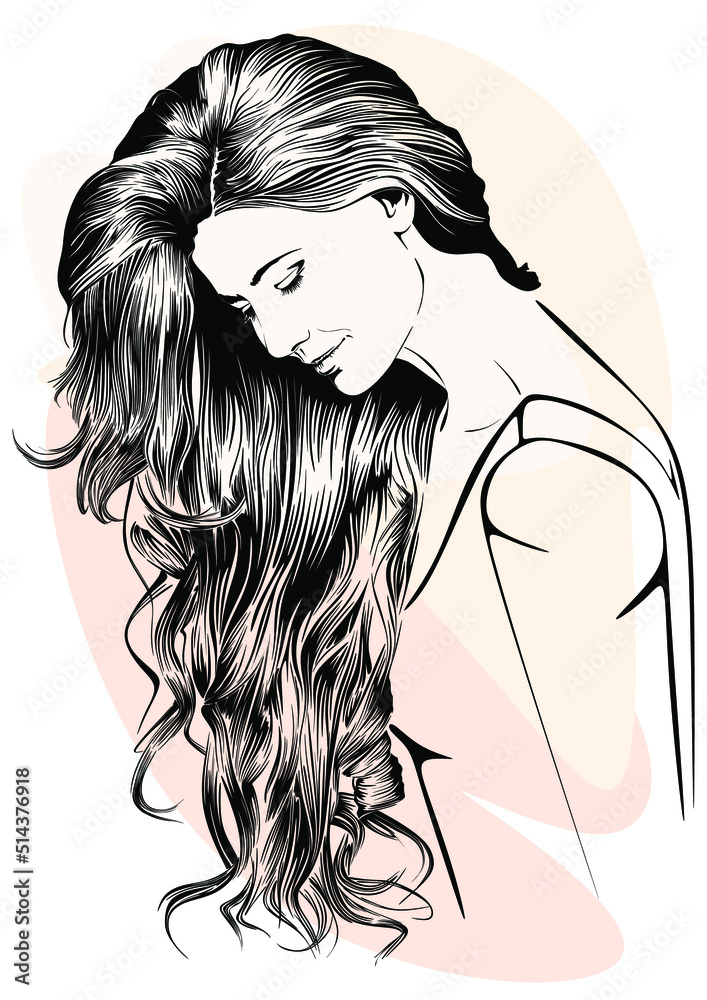 Vector drawing, graphic portrait of a beautiful girl. Facial ...