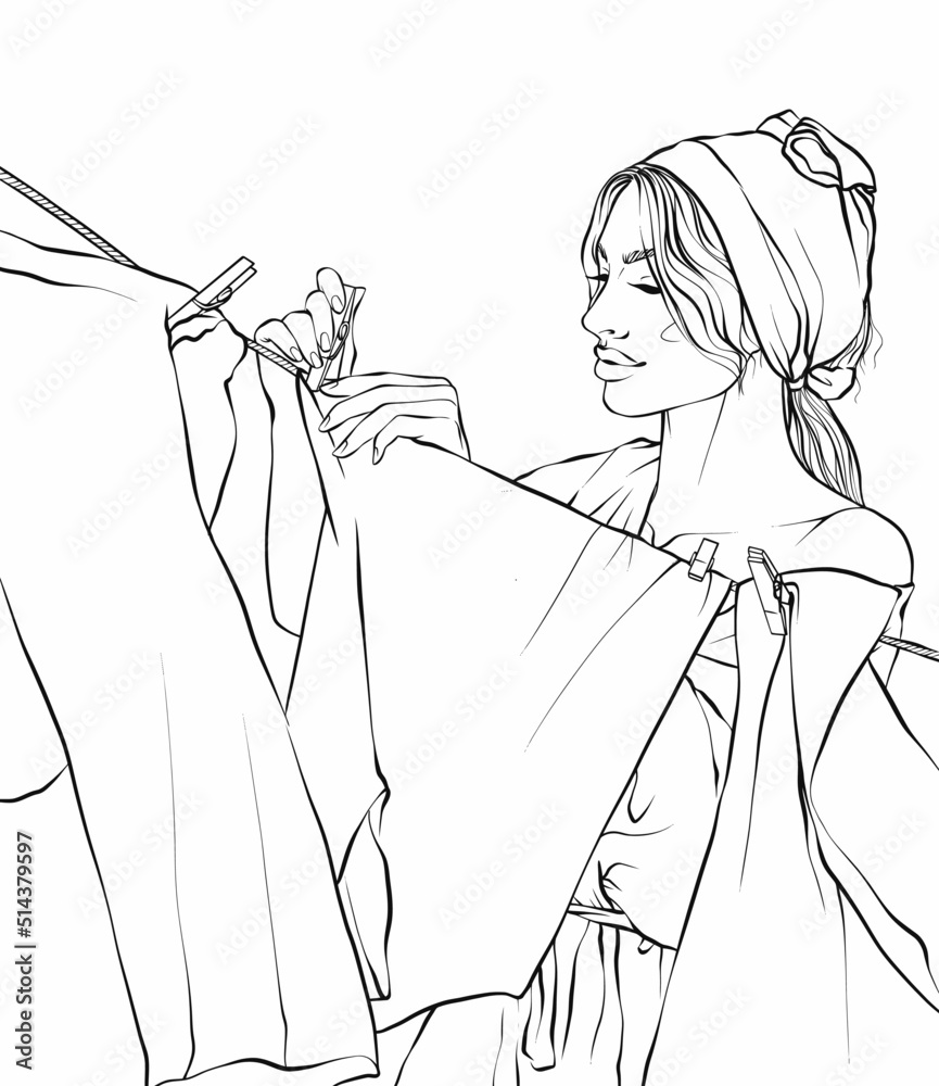Young woman hanging wet clothes out to dry. Coloring page for adults and children Stock Vector ...
