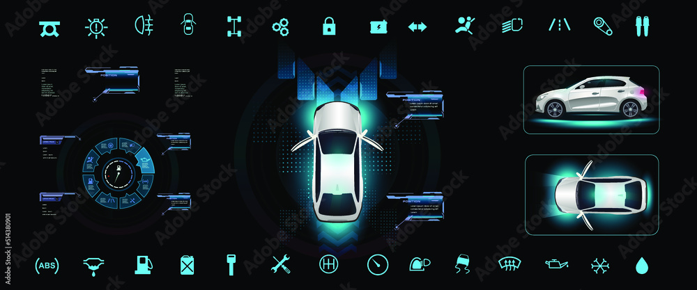 Car HUD interface with navigation panel in three projections in the style of HUD. Smart car ...