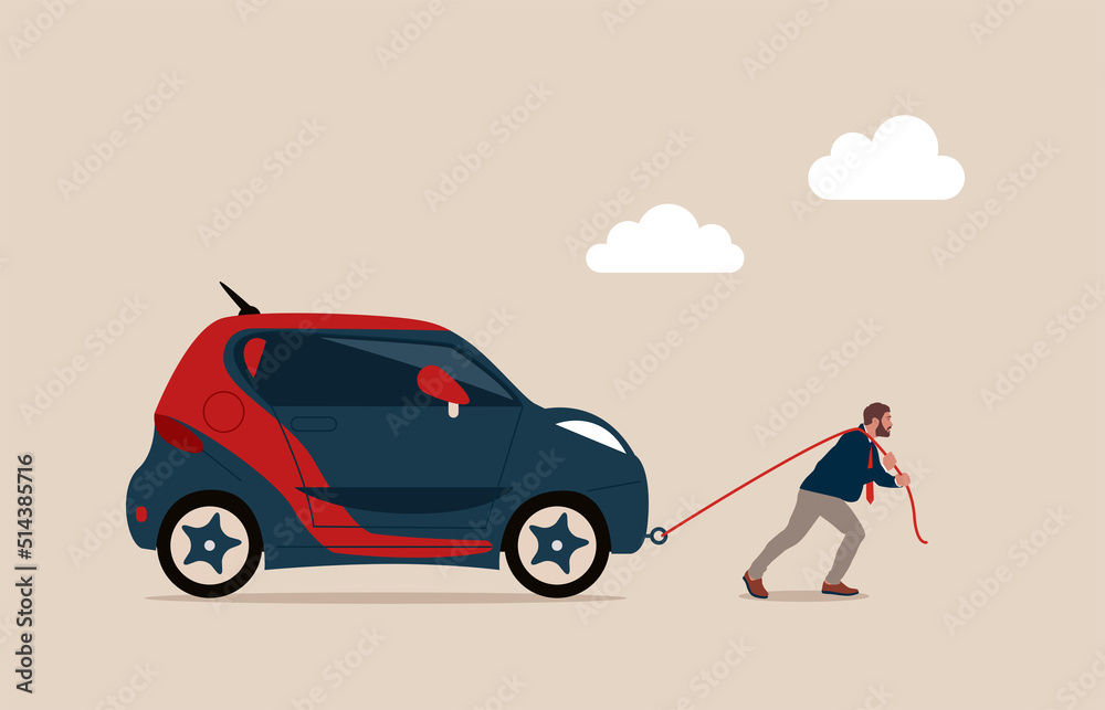 Strong businessman pulling big blue car. Vector illustration. Stock ...