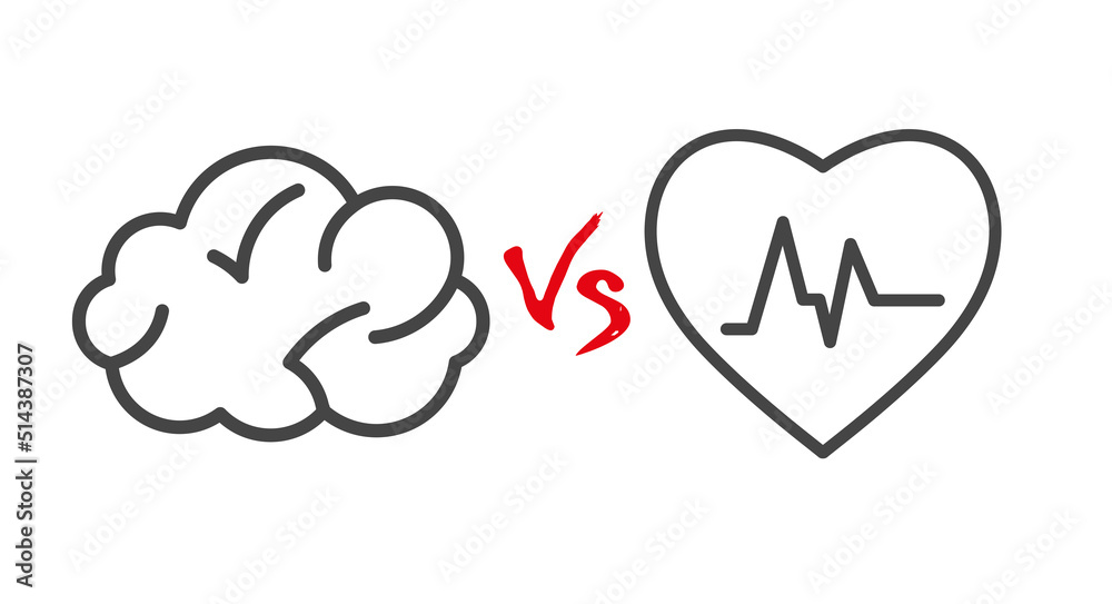 Brain and heart flat icons. Mind versus feelings, reason versus ...