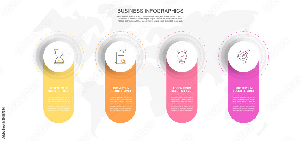 Modern vector infographics design template. Concept with 4 steps, labels. Creative timeline with ...