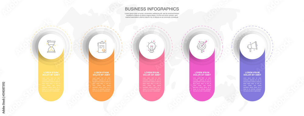 Modern vector infographics design template. Concept with five steps, labels. Creative timeline ...