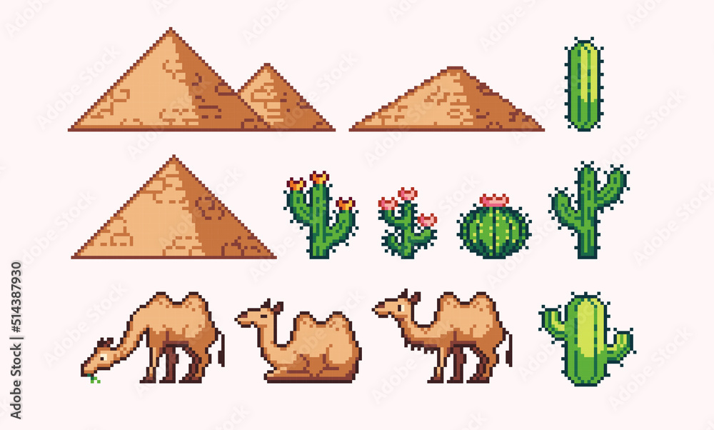 Egyptian pyramids, camel, cacti pixel art set. Sahara animals and trees ...
