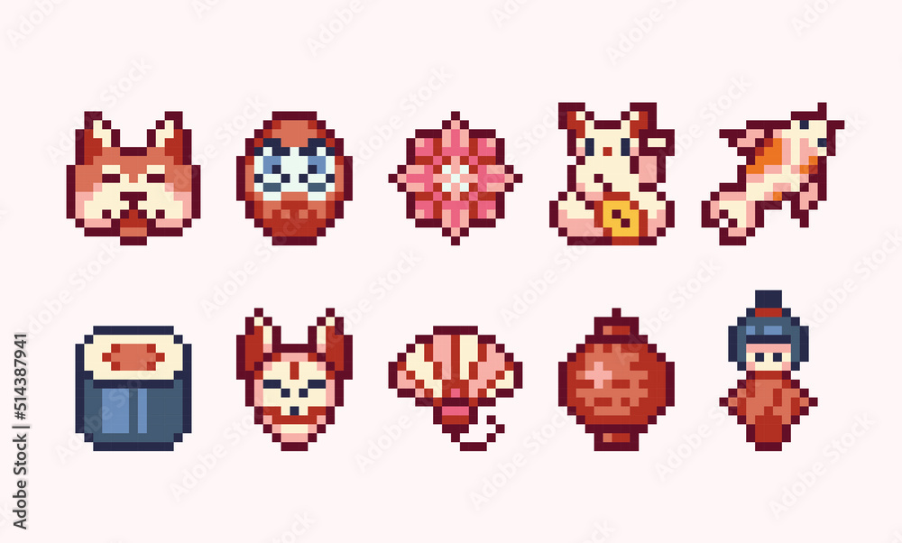 Japanese culture symbols pixel art set. Traditional Tokyo landmarks ...