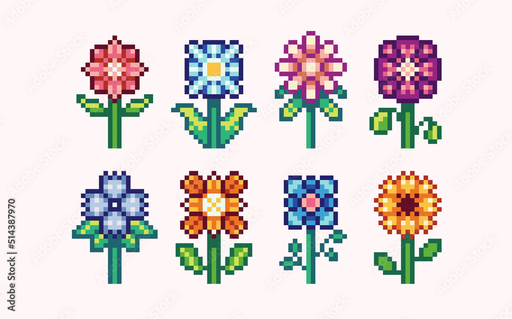 Fototapeta Colorful flowers pixel art set. Floweret, floret collection ...