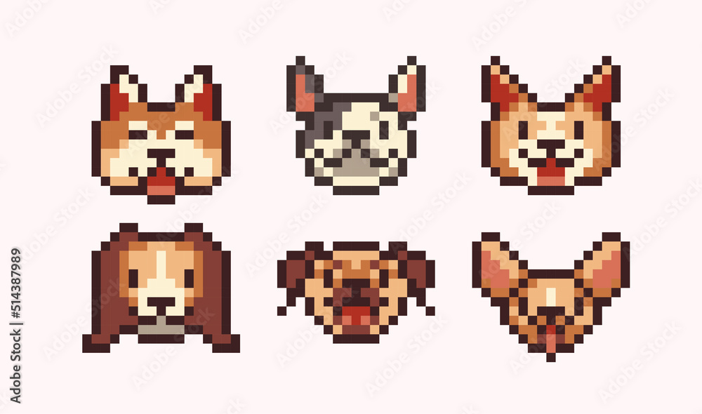 Happy dog faces pixel art set. Different doggy breeds collection. Akita ...