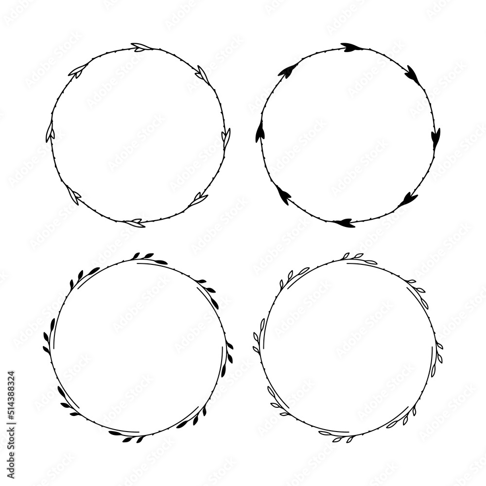 Set of 4 hand drawn spring wreaths isolated on white background, vector ...
