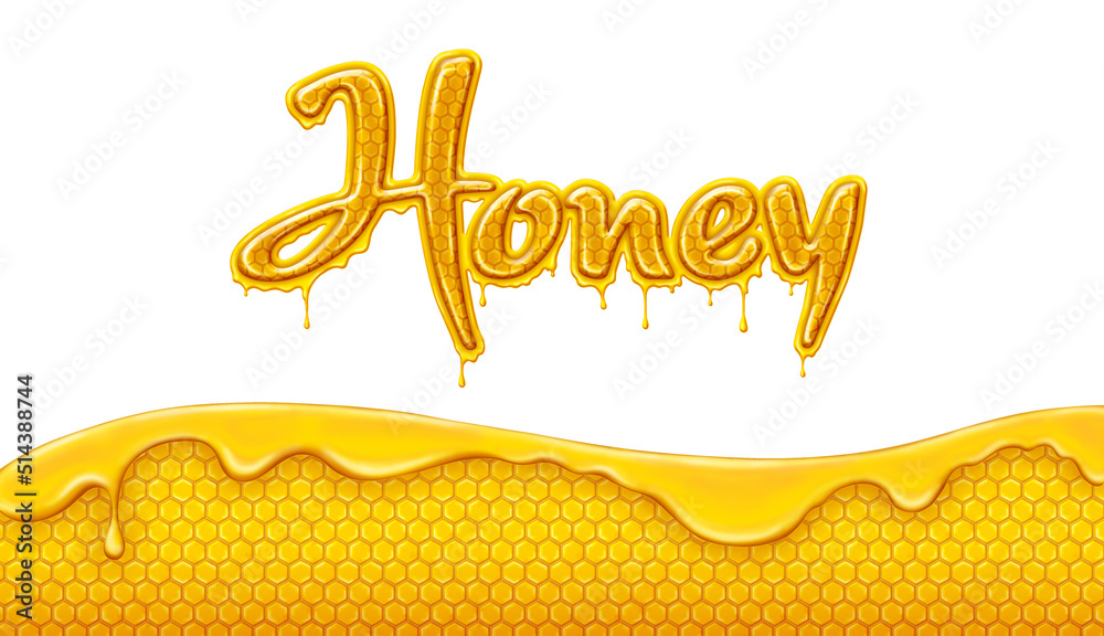 Lettering honey on white background. Art honeycombs with dripping honey ...