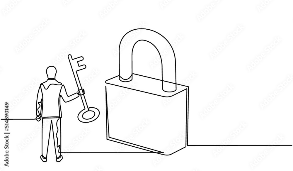 Continuous one line drawing of a businessman carrying a key with a ...