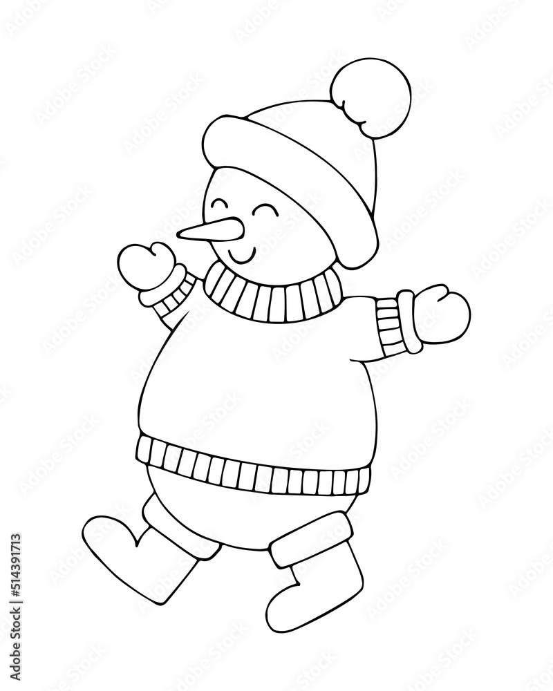 Coloring book snowman line art. Cute winter character in hat and ...