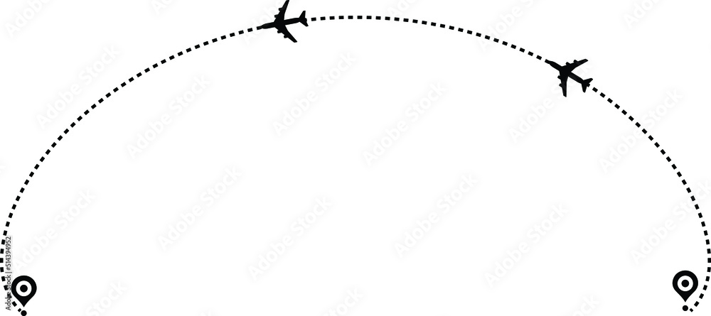 Airplane line path travel icon. Aircraft tracking, planes travel dot ...