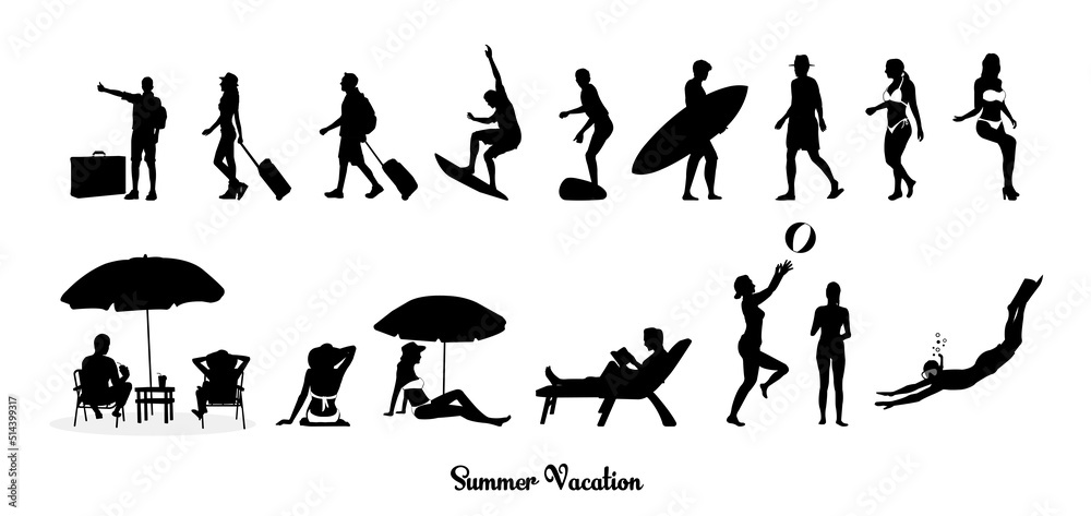 Vector illustration set of silhouette people enjoying summer vacation ...