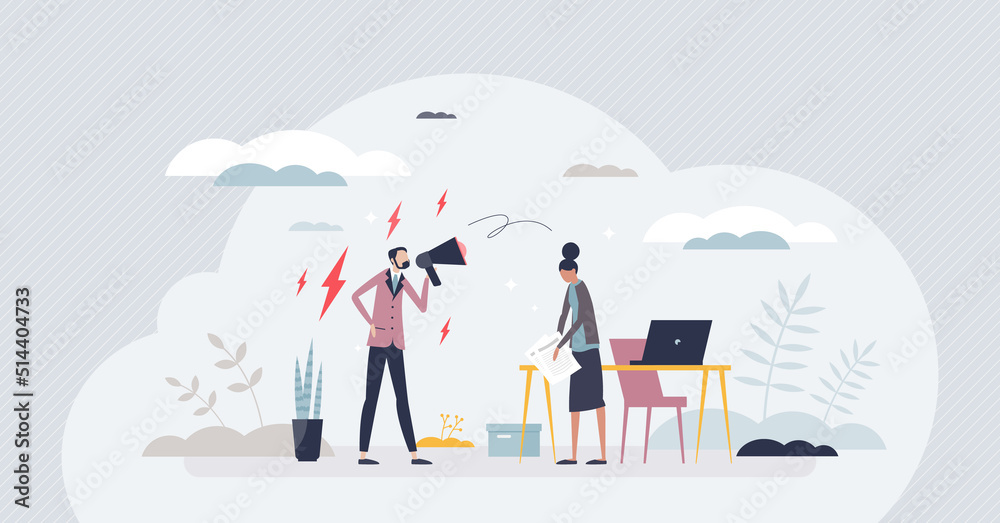 Workplace bullying and mental harassment from boss tiny person concept ...