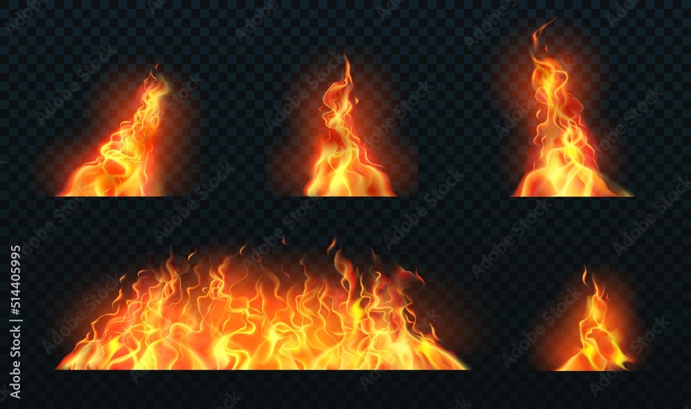 Realistic flame. Hot fireball warm furnace fire blazing effect abstract ...