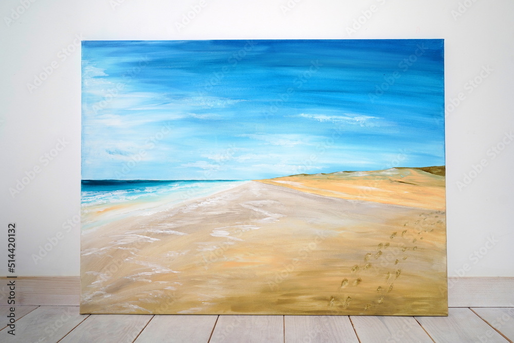 Drawing of bright blue sky over the sea. Picture contains interesting ...