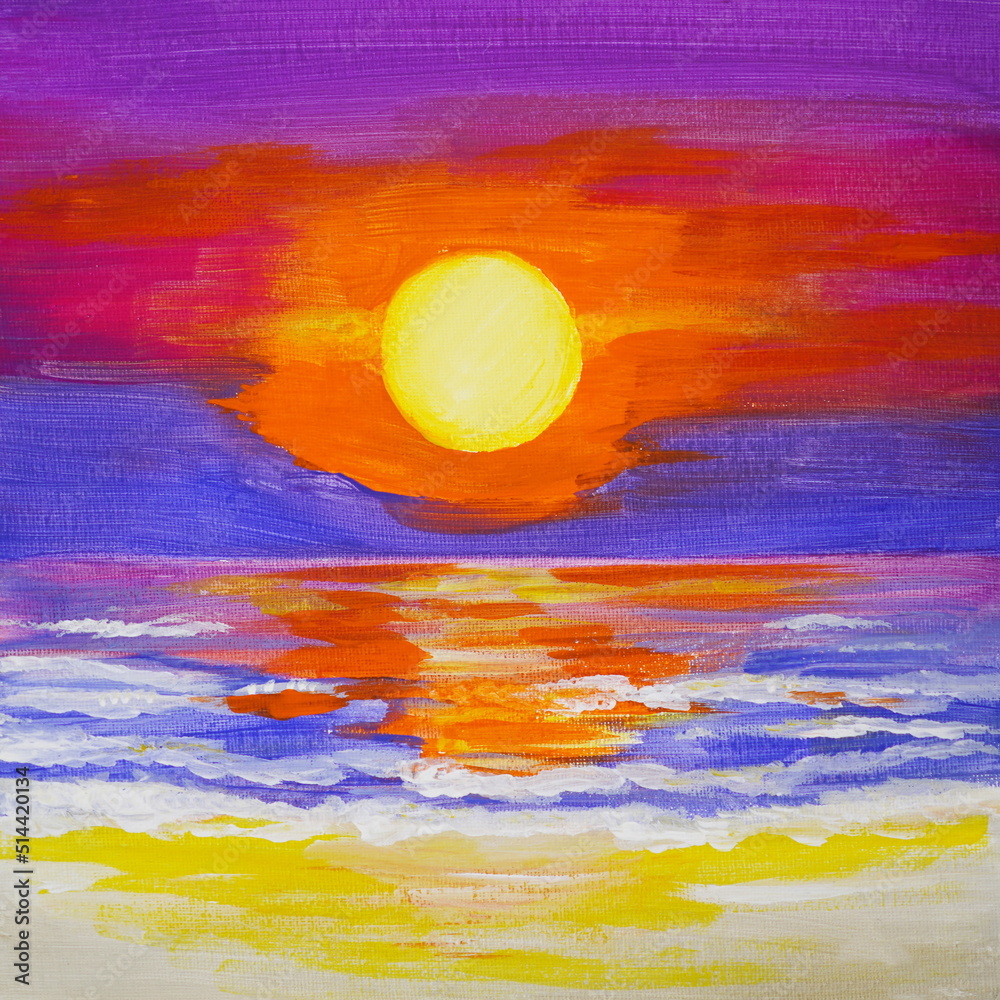 Drawing of bright sea sunset sunrise, yellow red clouds, orange ...
