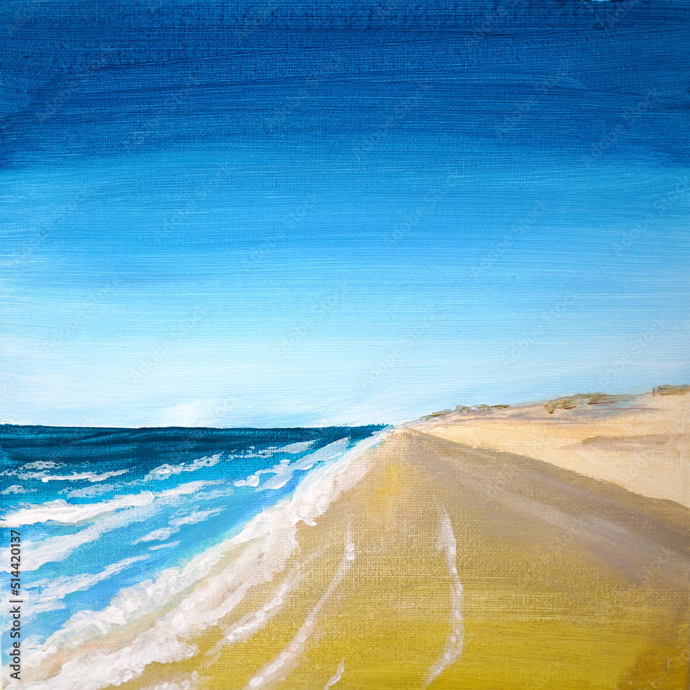 Drawing of bright blue sky over the ocean, sea. Picture contains ...