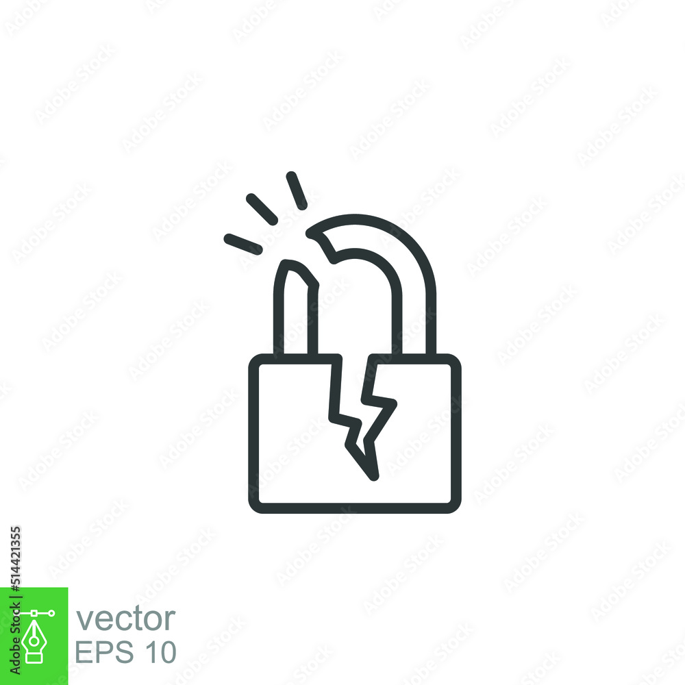 Broken lock line icon. Simple outline style. Unlock, crack, padlock ...