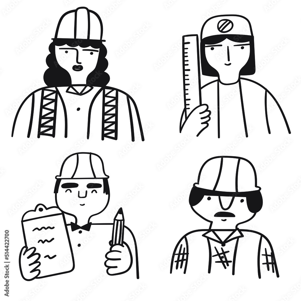 Engineers. Hand drawn vector outline icons. Illustrations on white ...