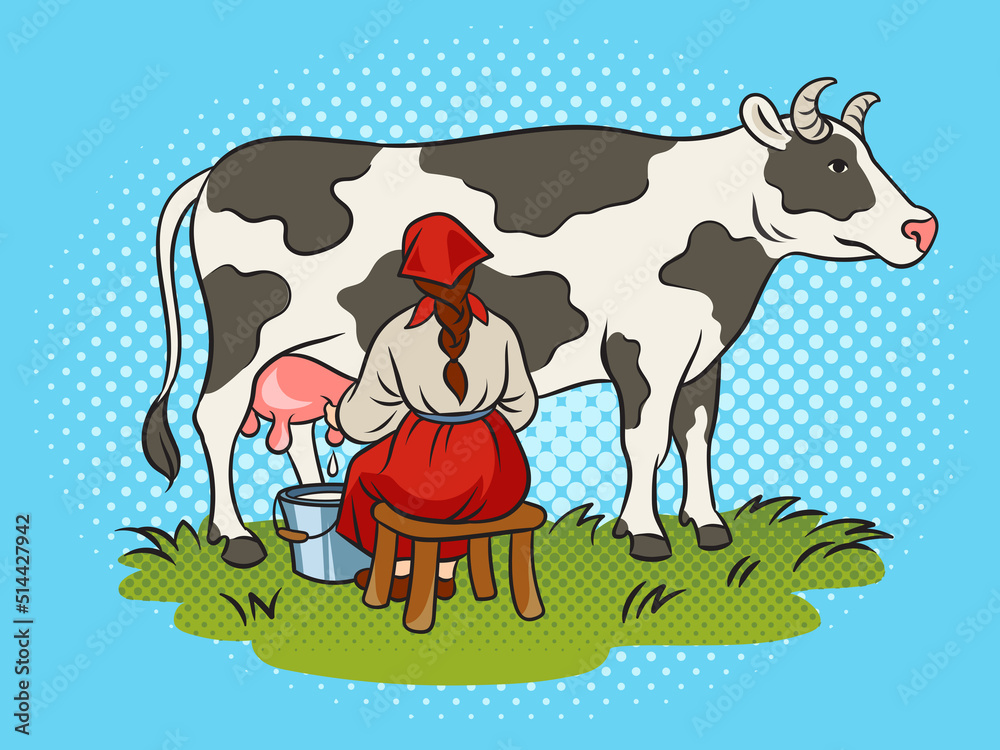 milkmaid milking cow pop art retro vector illustration. Comic book ...