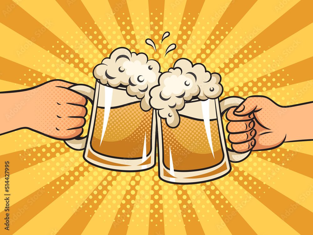 Friends beer party cheers drinking alcohol pop art retro vector ...