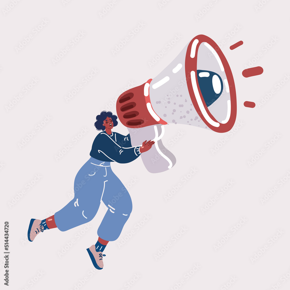 Vector illustration of young black woman shouting on the megaphone and ...