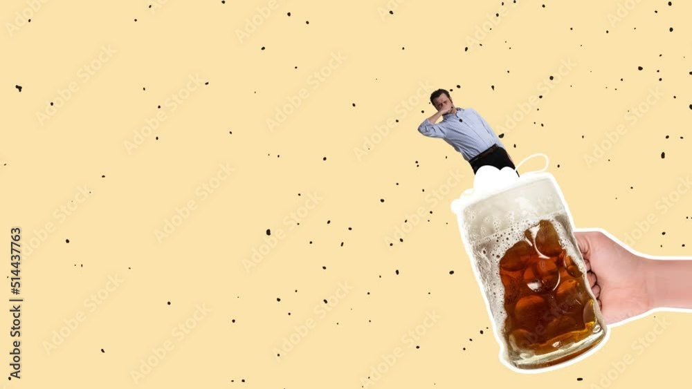 Contemporary art collage. Funny man jumping into cool frothy lager beer ...